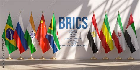 Brics Summit Or Meeting Concept Row From Flags Of All Members Of Brics