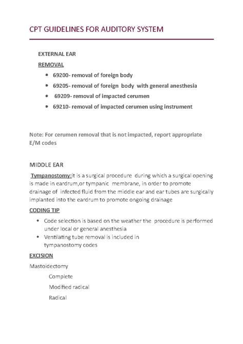 Ear Cpt Coding Tips Cpt Guidelines For Auditory System External Ear Removal 69200 Removal Of
