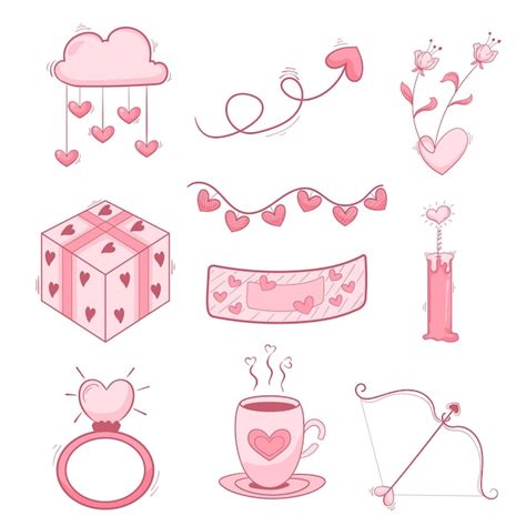발렌타인 요소의 귀여운 낙서 그림 세트 프리미엄 벡터
