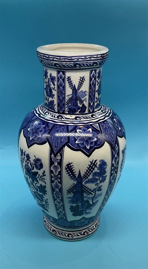 Vintage T Delfts Bleau Porcelain Vase With Windmill And Flowers Design Made In Italy Etsy