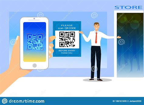 People Using Smartphone Scan Qr Code Before Entry The Store Or The Mall Stock Vector