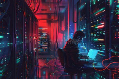 a hacker focused intently on a laptop inside a dimly lit server room filled with vibrant led