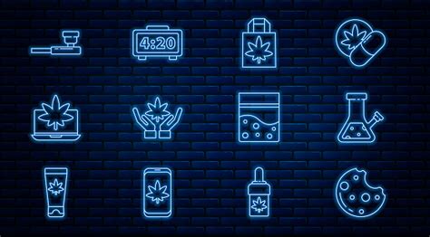 마리화나와 함께 라인 쿠키를 설정 대마초를 피우기위한 유리 봉 쇼핑 종이 봉지 마리화나 잎 노트북 및 흡연 파이프 플라스틱 및 디지털 알람 시계 아이콘 벡터 가방에 대한