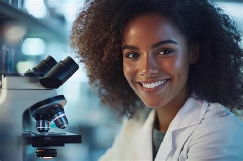 Smiling Young African Female Scientist Lab Coat Using Microscope Modern Laboratory Premium Ai