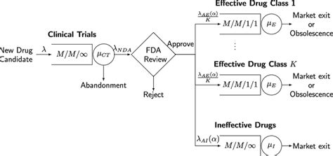 queueing network representing the drug development and approval process