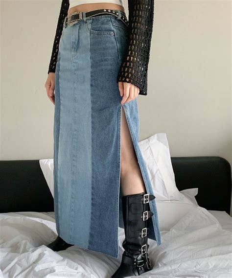 유니크 옆트임 배색 롱 데님 스커트