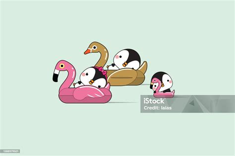 화창한 여름날에 는 플라밍고와 백조 풍선 수영장 장난감에 떠있는 편안한 귀여운 펭귄 커플 계절에 대한 스톡 벡터 아트 및 기타 이미지 계절 관광 귀여운 Istock