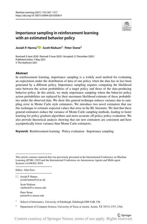 Pdf Importance Sampling In Reinforcement Learning With An Estimated Behavior Policy