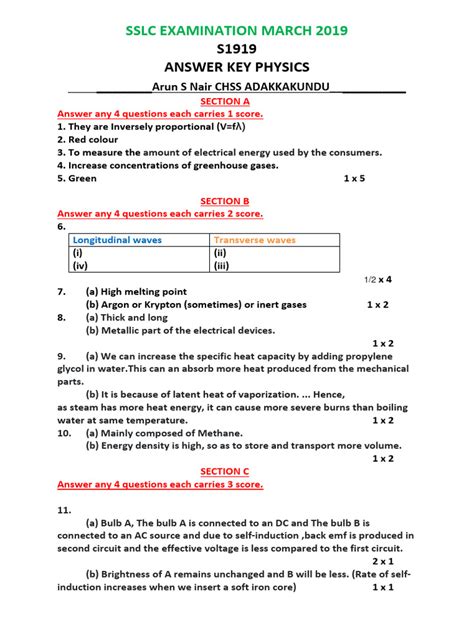 Physics Answer Key English Medium Sslc Examination March 2019 By Arun Sir Chss Adakkakundu