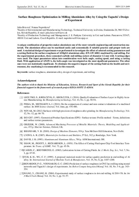 Pdf Surface Roughness Optimization In Milling Aluminium Alloy By Using The Taguchis Design Of