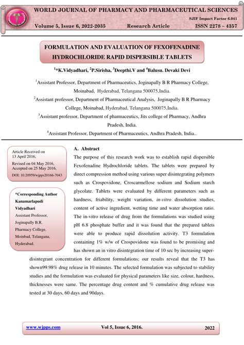 Pdf Formulation And Evaluation Of Fexofenadine Hydrochloride Rapid Dispersible Tablets