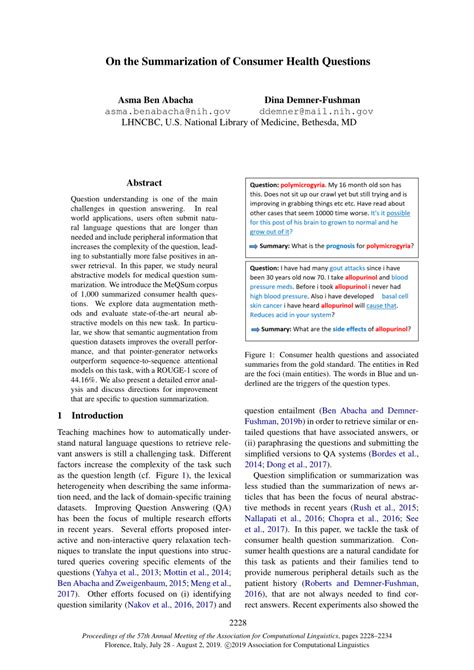 Pdf On The Summarization Of Consumer Health Questions