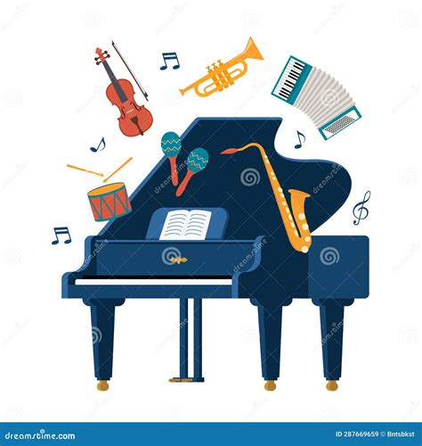 Musical Instruments Set Of Icons Guitar Synthesizer Violin Cello Drum Cymbals Saxophone