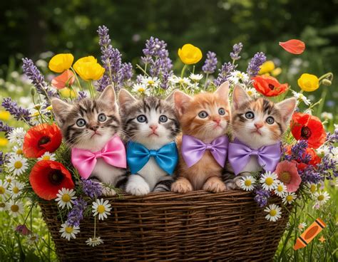 Four Cute Kittens With Colorful Satin Bows Sit In A Wicker Basket