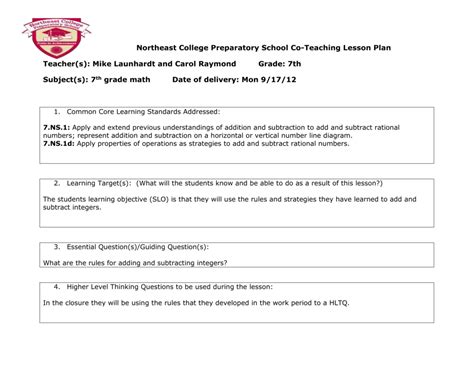 Lesson Plan For Adding And Sub Integers Day 3