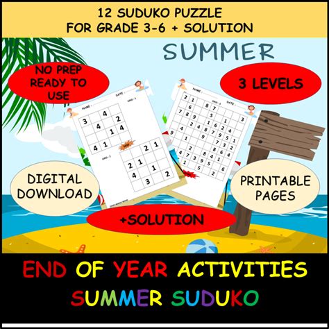 End Of The Year Summer Sudoku Printable Puzzle Pages For Grades 3 6 Solutions Made By Teachers