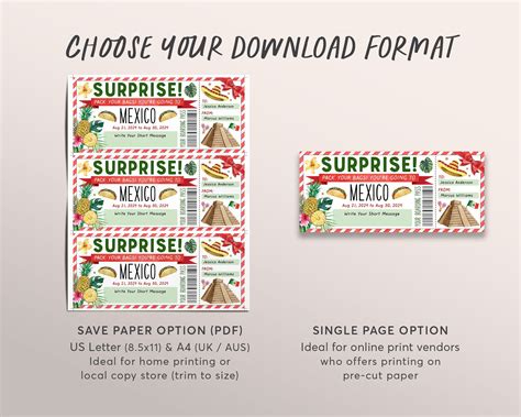 Mexico Trip Ticket Boarding Pass Editable Template Surprise Travel Va