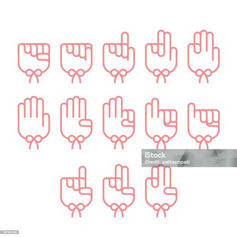 흰색 배경 벡터 Eps 10에 고립 된 손 손가락 나비 넥타이 아이콘 세트 화 개념 개요 선 플랫 디자인 분홍색 색깔 그림을 가진 수 계산 개념에 대한 스톡 벡터 아트 및