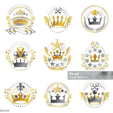 고대 크라운 엠블럼 세트 헤럴드 벡터 디자인 요소 컬렉션입니다 복고풍 스타일 라벨 헤럴드 로고 고풍스런에 대한 스톡 벡터 아트 및 기타 이미지 Istock