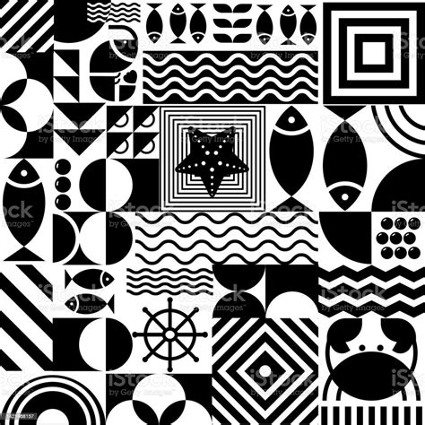 바우 하우스 스타일의 해산물과 추상적 인 모양의 원활한 패턴 인물 Flyposting에 대한 스톡 벡터 아트 및 기타 이미지 Flyposting 개념 구도 Istock