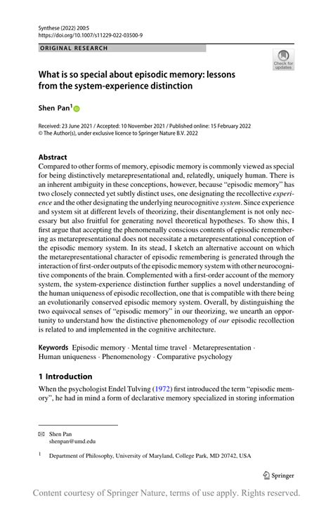 What Is So Special About Episodic Memory Lessons From The System Experience Distinction