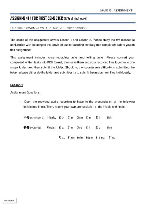 1 Man1501 Assignment 1 Assignment 1 For First Semester 10 Of