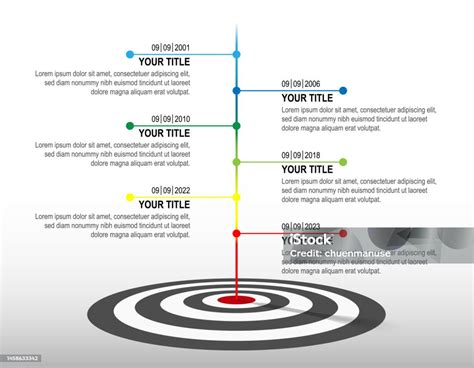 컬러 라인은 인포 그래픽으로 흑백 다트 보드에 맞았습니다 타겟 타임라인 비즈니스 성공 데이터 차트 투자 목표 마케팅 과제 전략