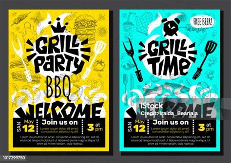 파티 시간 바베 큐 음식 포스터를 그릴 구운된 음식 고기 생선 야채 그릴 기기 포크 나이프 닭 새우 레몬 향미료 고기에 대한 스톡 벡터 아트 및 기타 이미지 Istock