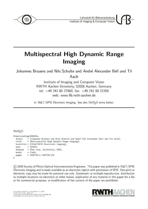 Pdf Multispectral High Dynamic Range Imaging · Multispectral Camera Internally Uses An