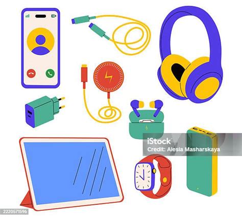 매일 사용할 수 있는 다채로운 가제트 및 디지털 장치 모음 기술 라이프스타일 및 현대적인 액세서리를 위한 벡터 전자 장치 0명에 대한 스톡 벡터 아트 및 기타 이미지