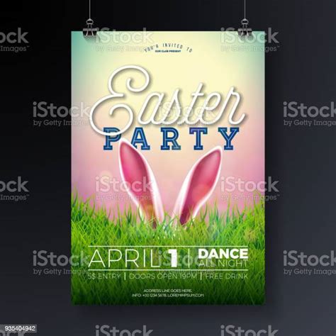 토끼 귀와 자연 녹색 잔디 배경 인쇄 술 요소 벡터 부활절 파티 전단지 그림 봄 휴가 축 하 포스터 디자인 서식 파일 부활제에 대한 스톡 벡터 아트 및 기타 이미지 Istock