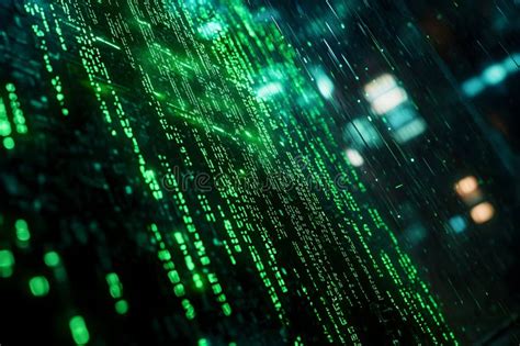 Digital Data Streams With Green Coding Patterns Over A Futuristic Technological Landscape