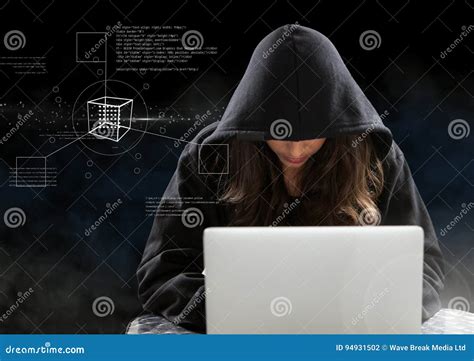 Woman Hacker Working On Laptop In Front Of Black Digital Background