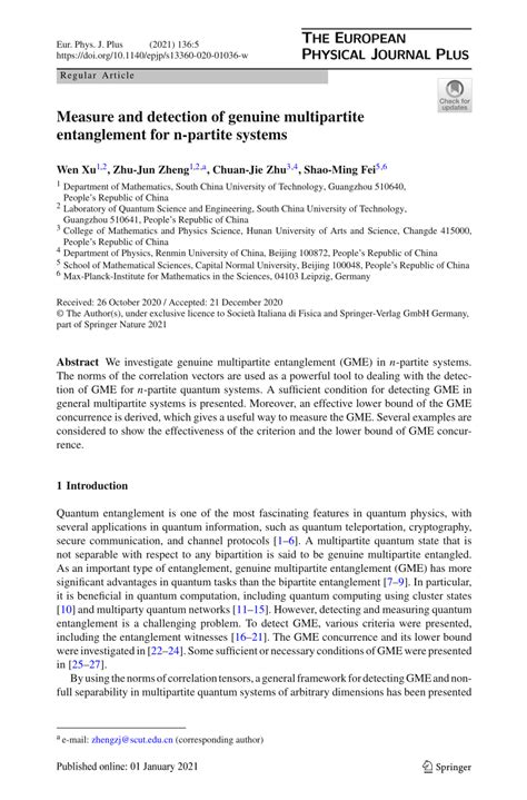 Pdf Measure And Detection Of Genuine Multipartite Entanglement For N Partite Systems