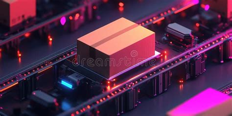 Automated Sorting System At A Warehouse Showcasing Packages On Conveyor Belts With Vibrant Neon