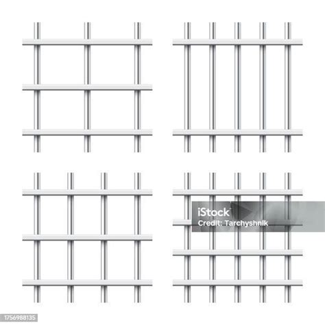 흰색 배경에 격리된 현실적인 반짝이는 금속 감옥 막대 상세한 감옥 케이지 감옥 철제 울타리 범죄 배경 모형 벡터 그림 감방에