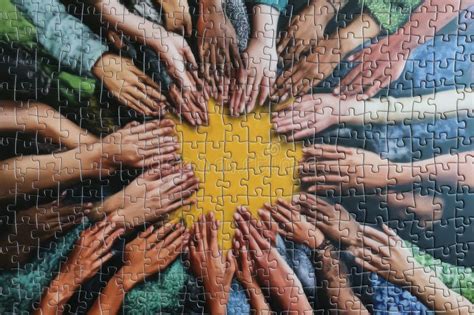 Interlocking Puzzle Pieces Forming Colorful Hands Symbolize Unity Teamwork And Collaboration