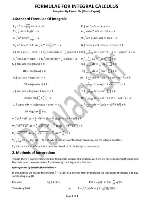 Formula Sheet For Integration Notes Learnpick India
