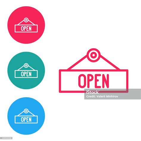 흰색 배경에 격리 된 텍스트 열기 문 아이콘이있는 빨간색 줄 매달려 기호 원 버튼에 아이콘을 설정합니다 벡터 일러스트레이션 누름 버튼에 대한 스톡 벡터 아트 및 기타 이미지