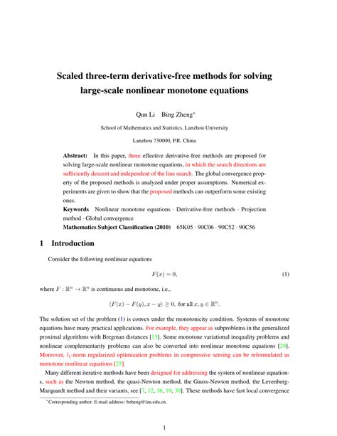 Pdf Scaled Three Term Derivative Free Methods For Solving Large Scale Nonlinear Monotone Equations