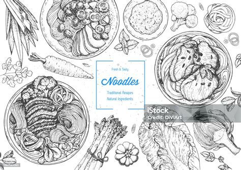아시아 음식 은 스케치를 새겨 국수 요리 탑 뷰 프레임 조리된 국수와 함께 하는 음식 메뉴 디자인 빈티지 손으로 그린 스케치 벡터 일러스트 아시아 요리 메뉴 배경 메뉴판에