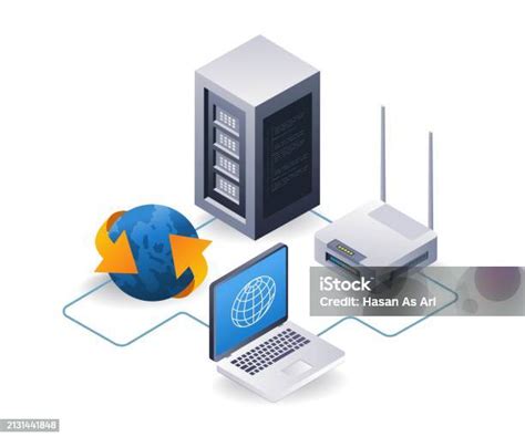 Konsep Server Komputer Router Jaringan Internet Ilustrasi 3d Isometrik Datar Ilustrasi Stok