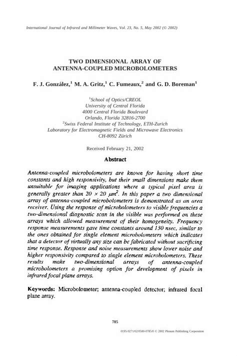 pdf two dimensional array of antenna coupled microbolometers
