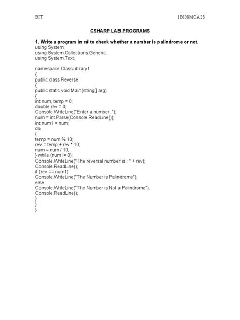 csharp lab programs 1 write a program in c to check whether a number is palindrome or not