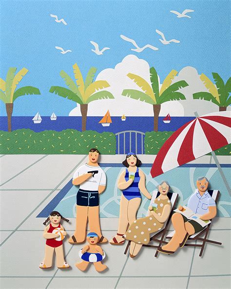 レジャーイラスト 夏のリゾートプールでくつろぐ6人家族