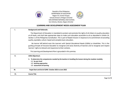 Ldna Plan Template Learning And Developm Republic Of The Philippines