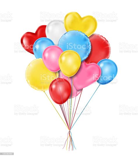 생일 파티와 흰색에서 고립 된 축하를위한 현실적인 광택 풍선 비행 사실적인 다채로운 모양의 풍선 벡터 일러스트레이션 다발에 대한 스톡 벡터 아트 및 기타 이미지 Istock