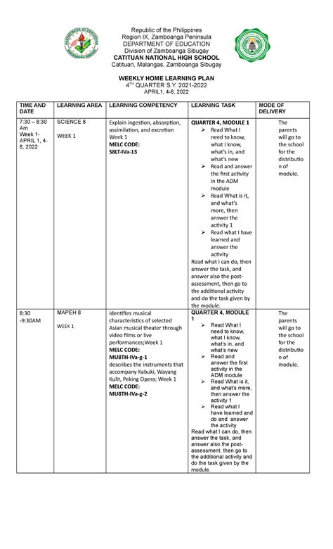 Whlp Q4 Sy 2021 2022 My Weekly Home Learning Plan Daily Republic Of The Philippines