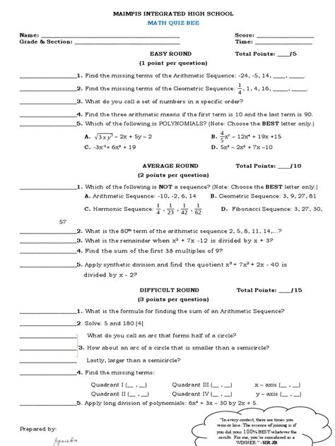 Math Quiz Bee Pdf Quadratic Equation Mathematical Objects
