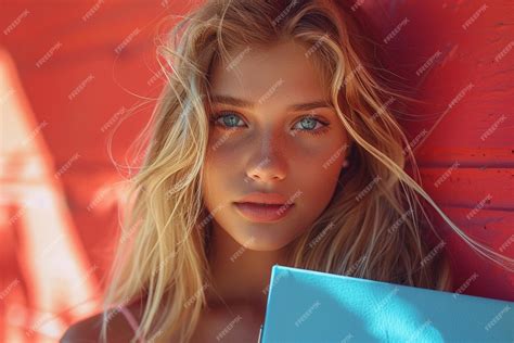 Blondie Girl Holding A Blue Folder With Confidence Premium Ai